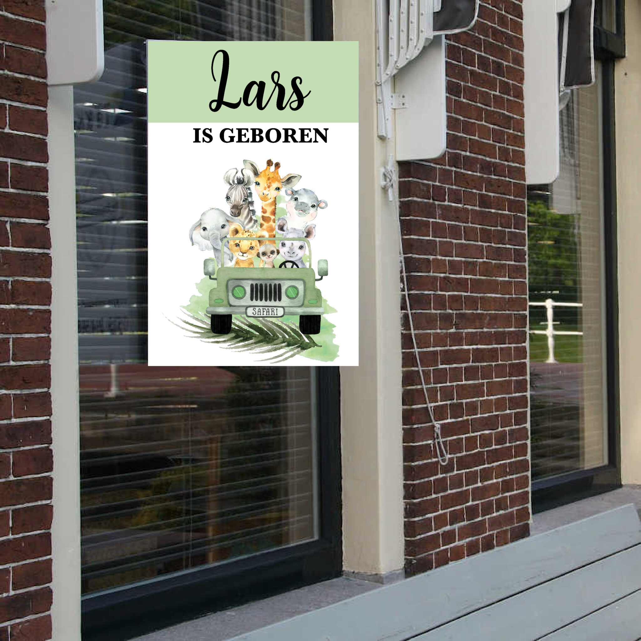 Geboorte raambord safari auto groen - Stickers op maat